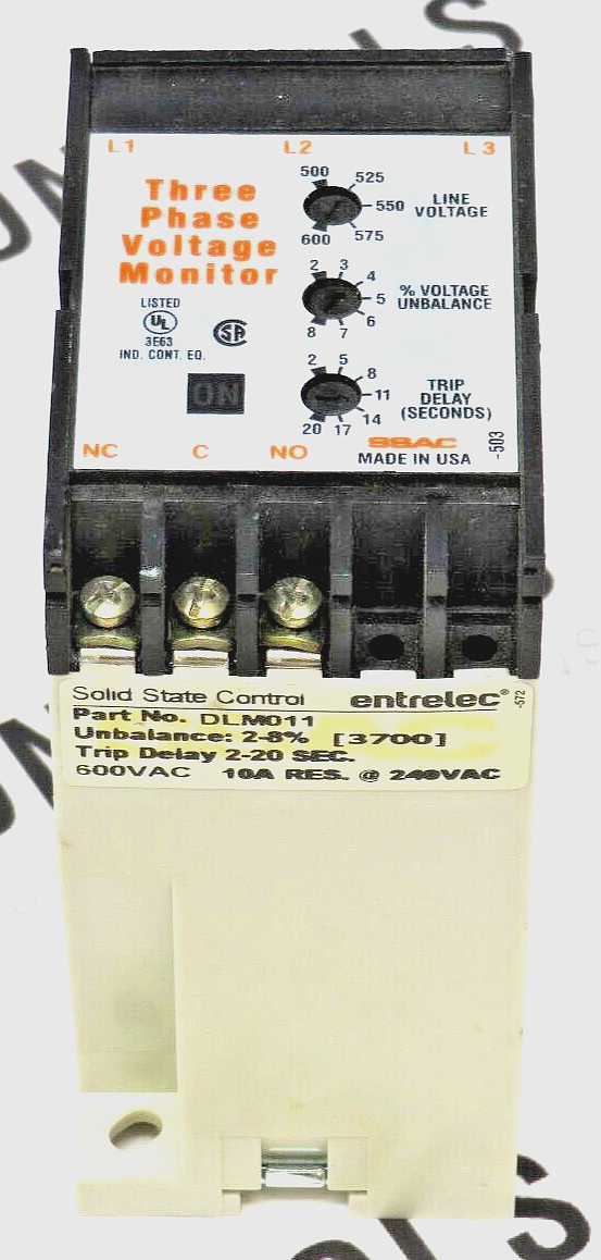 Entrelec SSAC DLM011 Voltage Monitor Relay, 600VAC, 3-Phase, DIN Rail